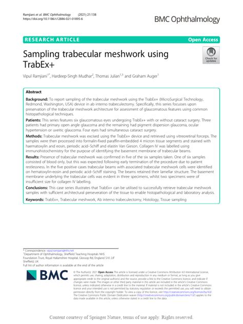 Sampling Trabecular Meshwork Using Trabex Pdf Glaucoma