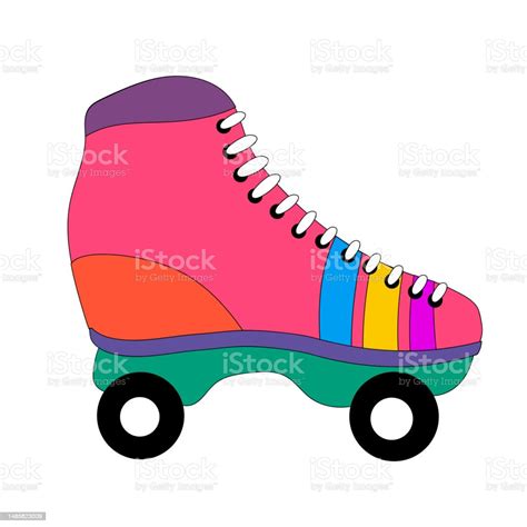 복고풍 화려한 롤러 스케이트 신발 90년대와 80년대 스타일 아이콘 흰색 배경에 분리된 스티커 플랫 벡터 그림입니다 1980 1989 년에 대한 스톡 벡터 아트 및 기타