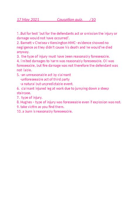 Causation Quiz Summary Law 17 May 2021 Causation Quiz 1 But For Test ‘but For The