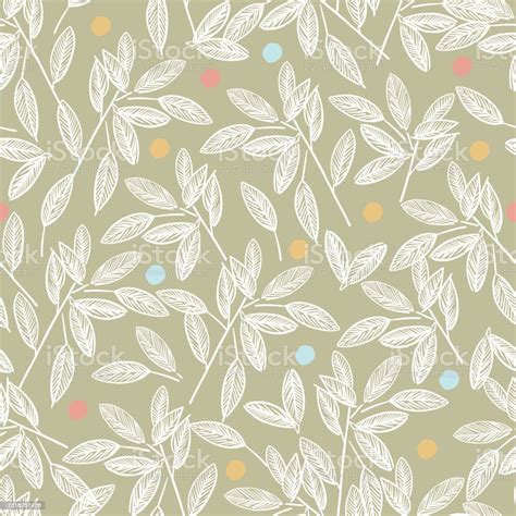 펜 드로잉 리프와 컬러풀한 도트 일러스트 모티프 원활한 반복 패턴 카키와 화이트 배경 0명에 대한 스톡 벡터 아트 및 기타 이미지 0명 계절 고풍스런 Istock
