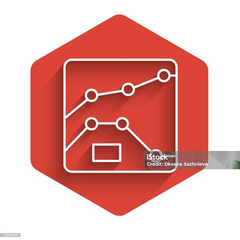 화이트 라인 그래프 일정 차트 다이어그램 인포그래픽 긴 그림자 배경으로 격리된 원형 그래프 아이콘 빨간 육각 버튼 벡터 세일에