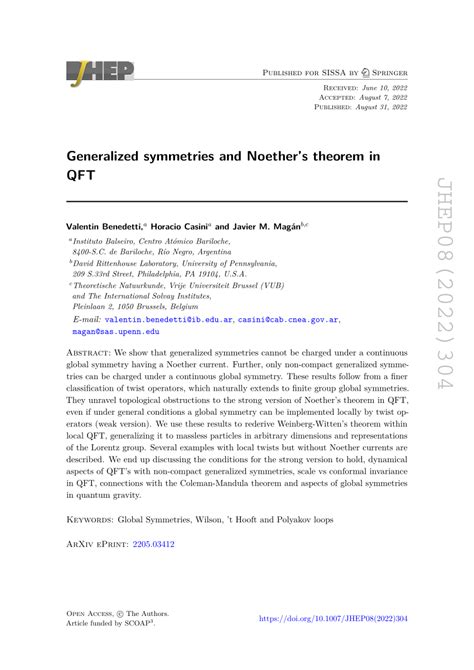 Pdf Generalized Symmetries And Noethers Theorem In Qft