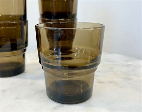 Vintage Vereco Stackable Smokey Brown Juice Glasses Set Of 6 Mcm