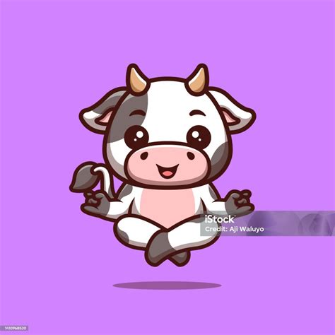 Meditasi Duduk Sapi Logo Maskot Kartun Kawaii Kreatif Yang Lucu