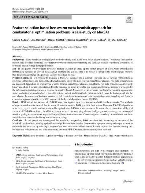 Feature Selection Based Bee Swarm Meta Heuristic Approach For Combinatorial Optimisation