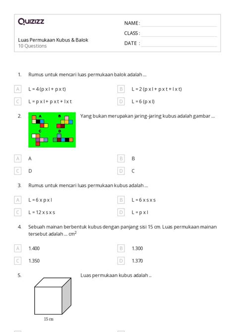 Lembar Kerja Luas Permukaan Untuk Kelas Di Quizizz Gratis Dapat Dicetak