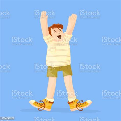 행복한 남자는 기쁨과 기쁨으로 정상에 손을 들어 올렸다 공간을 복사합니다 성공에 대한 스톡 벡터 아트 및 기타 이미지 성공 승리 동작 활동 축하 Istock