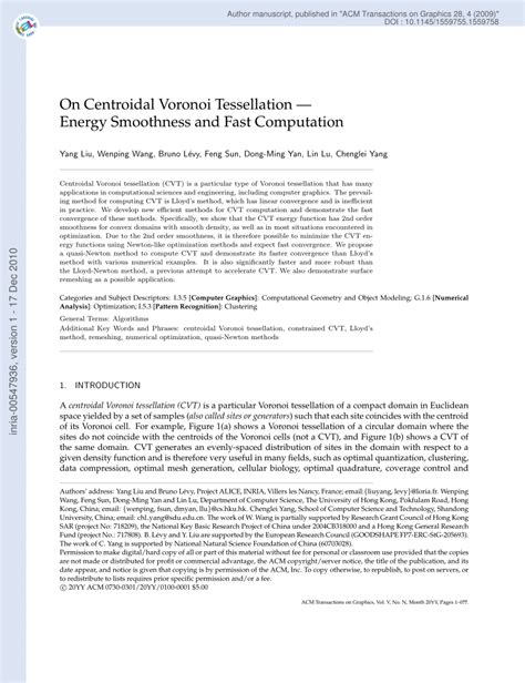 Pdf On Centroidal Voronoi Tessellation Energy Smoothness And Fast Computation
