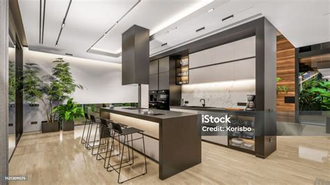 거실 식사 공간 계단 및 주방이있는 현대적인 아늑한 인테리어의 3d 렌더링 0명에 대한 스톡 사진 및 기타 이미지 0명 가구 가정 주방 Istock
