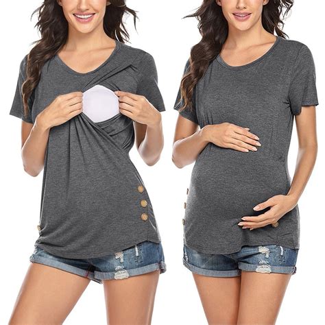 Aofany Maternity Crew Neck Layered Breast Feeding Tops Pregnant Short