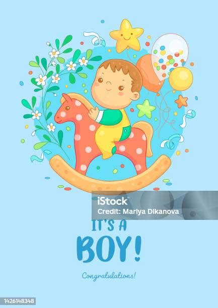 파란색 배경에 만화 손으로 그린 소년 말 헬륨 풍선 및 꽃이있는 베이비 샤워 초대장 그것은 소년입니다 벡터 일러스트 레이 션 개념에 대한 스톡 벡터 아트 및 기타 이미지