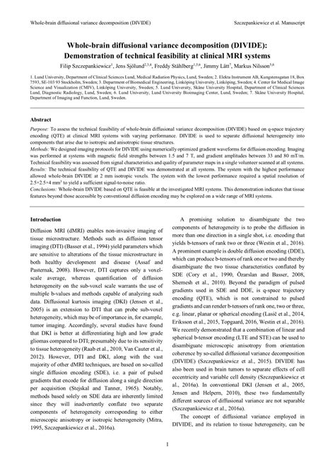 Pdf Whole Brain Diffusional Variance Decomposition Divide Demonstration Of Technical