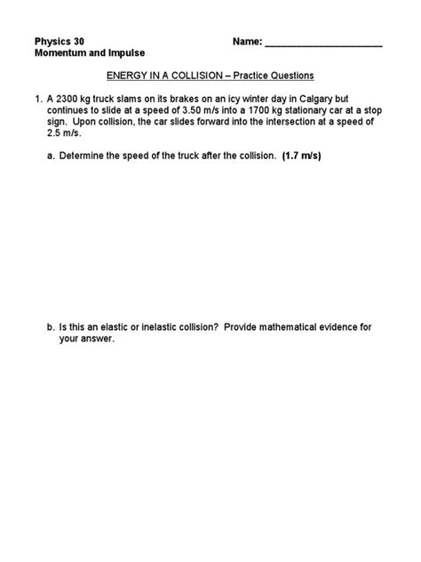 Energy In A Collision Practice Questions Pdf Collision Physical