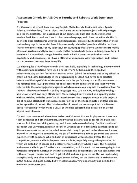 Assessment Criteria For Asd Cyber Security And Robotics Work Experience Program Pdf