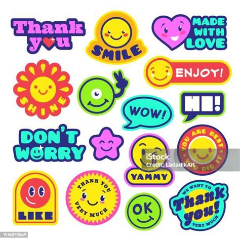 트렌디 한 해피 스티커 히피 포지티브 바이브 패치 힙스터 괴짜 90 년대 스타일의 재미있는 배지 고맙고 즐기세요 산도 환각적인 미소는 깔끔한 벡터 요소에 직면합니다 1990