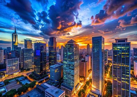 Breathtaking Urban Skyline At Blue Hour A Panoramic View Of City Lights