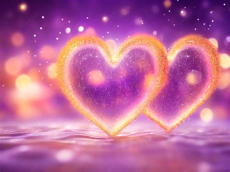 두 개의 하트가 보라색 오렌지색 보케 배경 위에 떠 있습니다 두 마음이 떠있다 보라색 오렌지색 나뭇잎 배경에 파도 하트 모양의 사랑 배경 일러스트 및 사진 무료