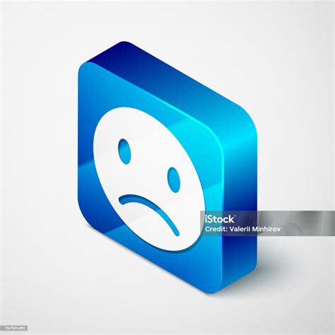 아이소메트릭 슬픈 미소 아이콘 흰색 배경에 고립입니다 이모티콘 얼굴입니다 파란색 사각형 버튼을 클릭 합니다 벡터 일러스트 감정에 대한 스톡 벡터 아트 및 기타 이미지