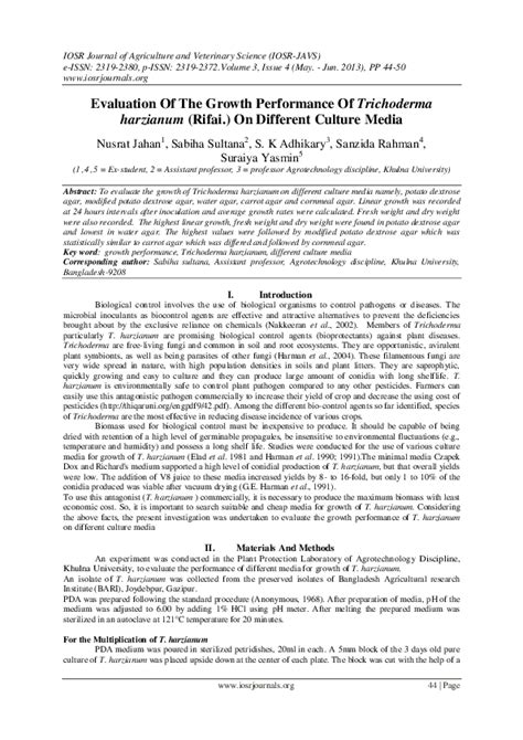 Pdf Evaluation Of The Growth Performance Of Trichoderma Harzianum Rifai On Different