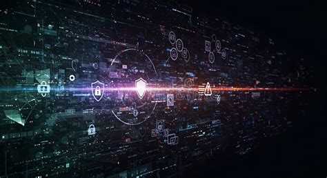 Futuristic Digital Interface With Cybersecurity Elements Including Shield And Lock Icons
