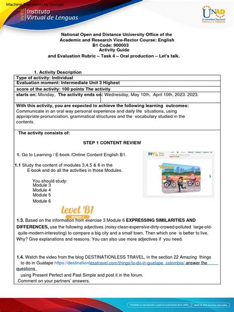 Activities Guide And Evaluation Rubric Unit 3 Task 4 Oral Production Lets Talk Pdf