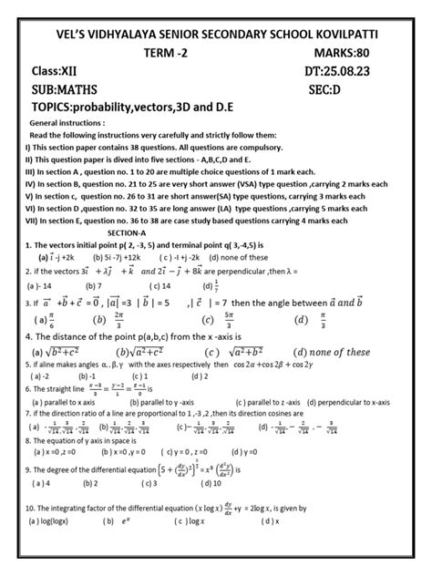 term 2 class12th maths pdf equations cartesian coordinate system