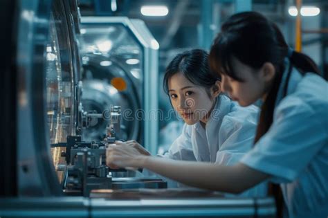 Asian Engineers Conducting Quality Inspections On Machinery In An Industrial Workshop Stock
