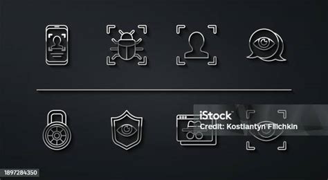 회선 설정 모바일 및 얼굴 인식 안전 조합 잠금 눈 스캔 브라우저 시크릿 창 방패 눈 시스템 버그 및 얼굴 아이콘 벡터 Anonymous Activist Network에