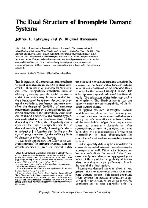 Pdf The Dual Structure Of Incomplete Demand Systems