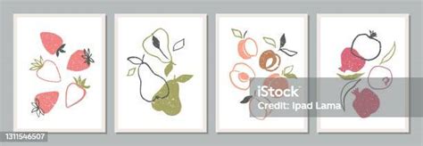 딸기 배 살구 석류 과일과 추상 포스터의 컬렉션 홈 데코에 대한 추상 벡터 디자인의 컬렉션 라인아트에 대한 스톡 벡터 아트 및 기타 이미지 Istock