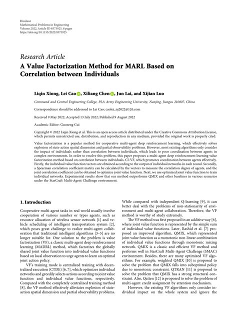 Pdf A Value Factorization Method For Marl Based On Correlation Between Individuals