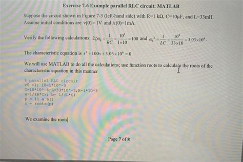 Solved Exercise Example Parallel RLC Circuit MATLAB Chegg