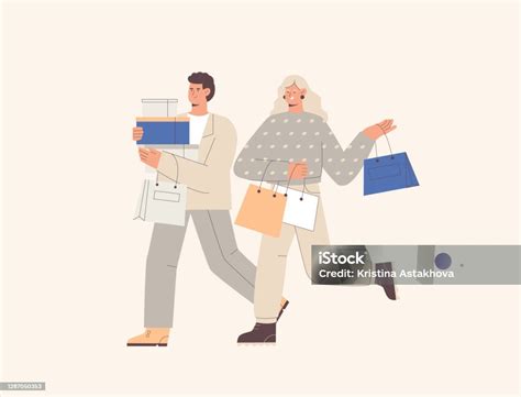 젊은 행복한 남자와 여자 부부는 쇼핑 후 패키지와 상자와 함께 이동합니다 플랫 벡터 만화 일러스트레이션 소매 소비자주의에 대한 스톡 벡터 아트 및 기타 이미지 Istock