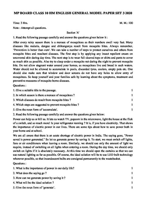 Mp Board Class 10 English General Model Paper Set 3 2020 Pdf Mpbooksolution In