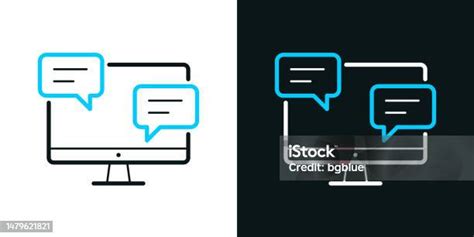 채팅 거품이 있는 데스크톱 컴퓨터 검정 또는 흰색 배경에 바이 컬러 라인 아이콘 편집 가능한 획 Brand Name Online Messaging Platform에 대한