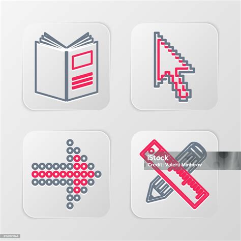 선 설정 십자 눈금자와 연필 점 화살표 픽셀 커서 및 책 열기 아이콘 벡터 0명에 대한 스톡 벡터 아트 및 기타 이미지 0명 가리키기 교과서 Istock