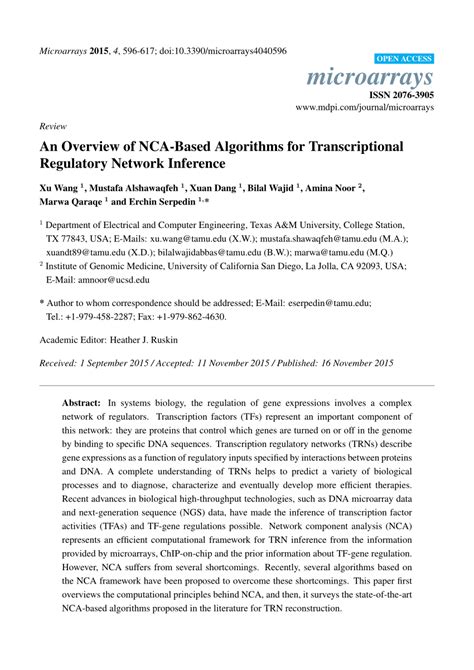 Pdf An Overview Of Nca Based Algorithms For Transcriptional Regulatory Network Inference