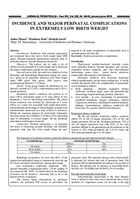 Pdf Incidence And Major Perinatal Complications In Extremely Low