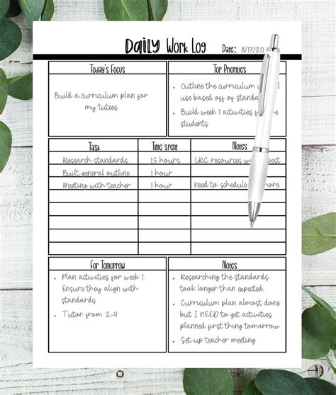 Daily Work Log Printable Daily Planner Work From Home Etsy