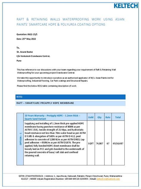 Quotation Waterproofing For Basement Waterproofing Vec Pdf