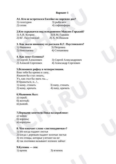 🖍 Проверочная работа №2 по теме “Проверочная работа по литературному чтению” для 3 класса Учи ру