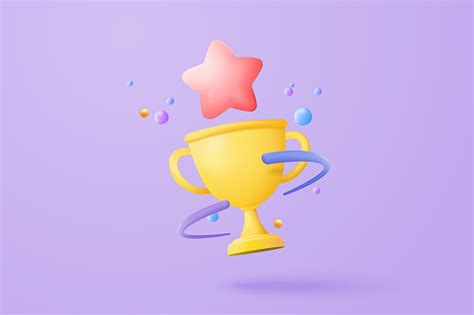 골든 컵으로 최소 3d 우승자 금 승자는 금 배경에 떠 다니는 물체가있는 별을 가지고 있습니다 만화 스타일의 시상식 개념 노란색 파스텔 배경에서 격리된 3d 벡터 렌더링