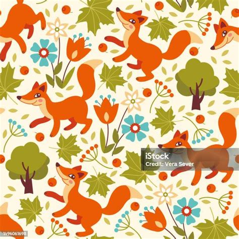 플랫 스타일의 귀여운 만화 여우와 화려한 이음매 없는 패턴 직물 옷 배경 직물 벽지에 대한 끝없는 질감 여우 삼림 지대 숲 꽃이