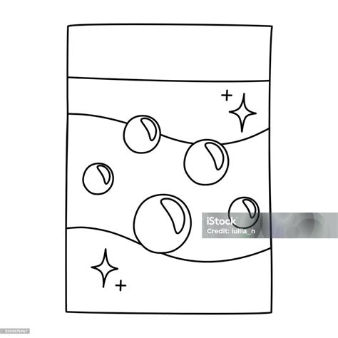 떠 다니는 비누 거품이있는 세탁 세제 패키지 색칠 공부 책을위한 낙서 스타일 벡터 개요 가사 집안일에 대한 스톡 벡터 아트 및 기타 이미지 가사 집안일 가정용 장비