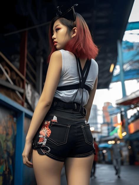 Foto De ángulo Bajo De Chica Japonesa Corta Y Linda Detrás Foto Premium