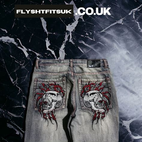 Flyshtfitsuk Skull Embroidered Loose Fit Jeans Flyfitsuk