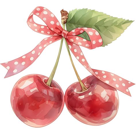 Two Cherries With Coquette Dotted Pink Ribbon Bow Cute Clip Art