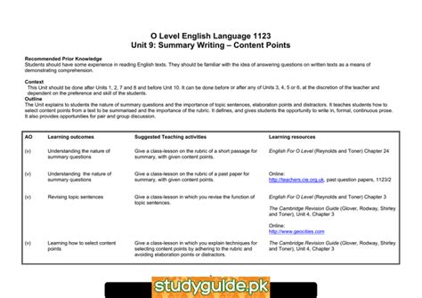 O Level English Summary Writing Content Points