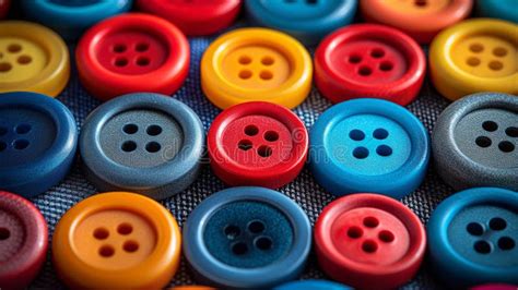 Colorful Assorted Buttons On Textured Fabric Close Up View Sewing And