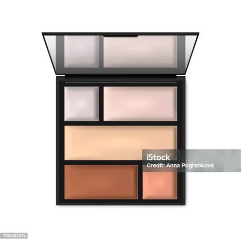 메이크업 컨투어링 팔레트 현실적인 그림 메이크업 컨실러 하이라이터 교정 파우더 키트 거울탑 뷰 벡터 템플릿 오픈 광장 화장품 케이스 눈 신체 부분에 대한 스톡 벡터 아트 및